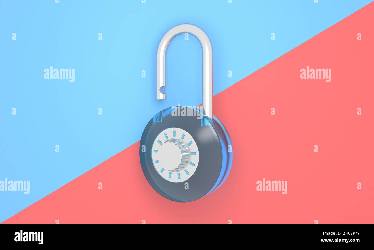 3D rendering of a padlock on a blue and red geometric background Stock ...