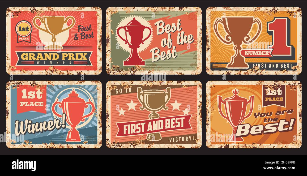 Winner award, trophy cup and champion prize vector tin signs. Sport ...