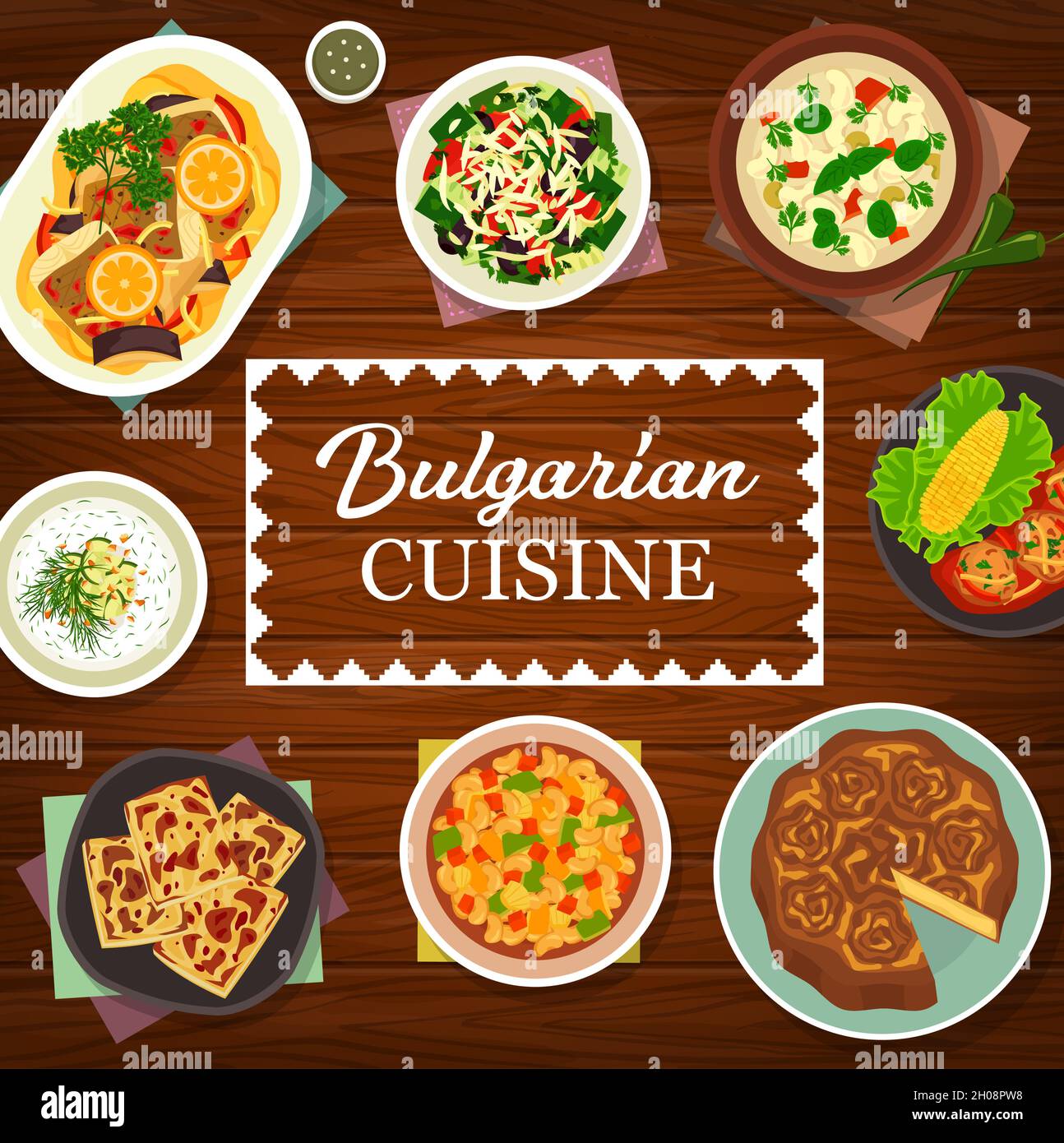 Bulgarian cuisine meals and dishes menu cover. Banitsa pie, salad ...