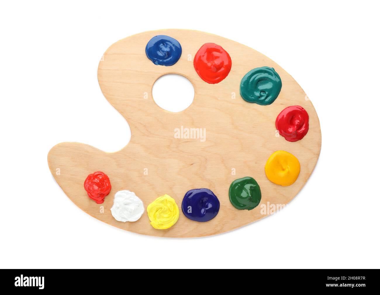 Wooden palette with colorful paints on white background, top view Stock ...