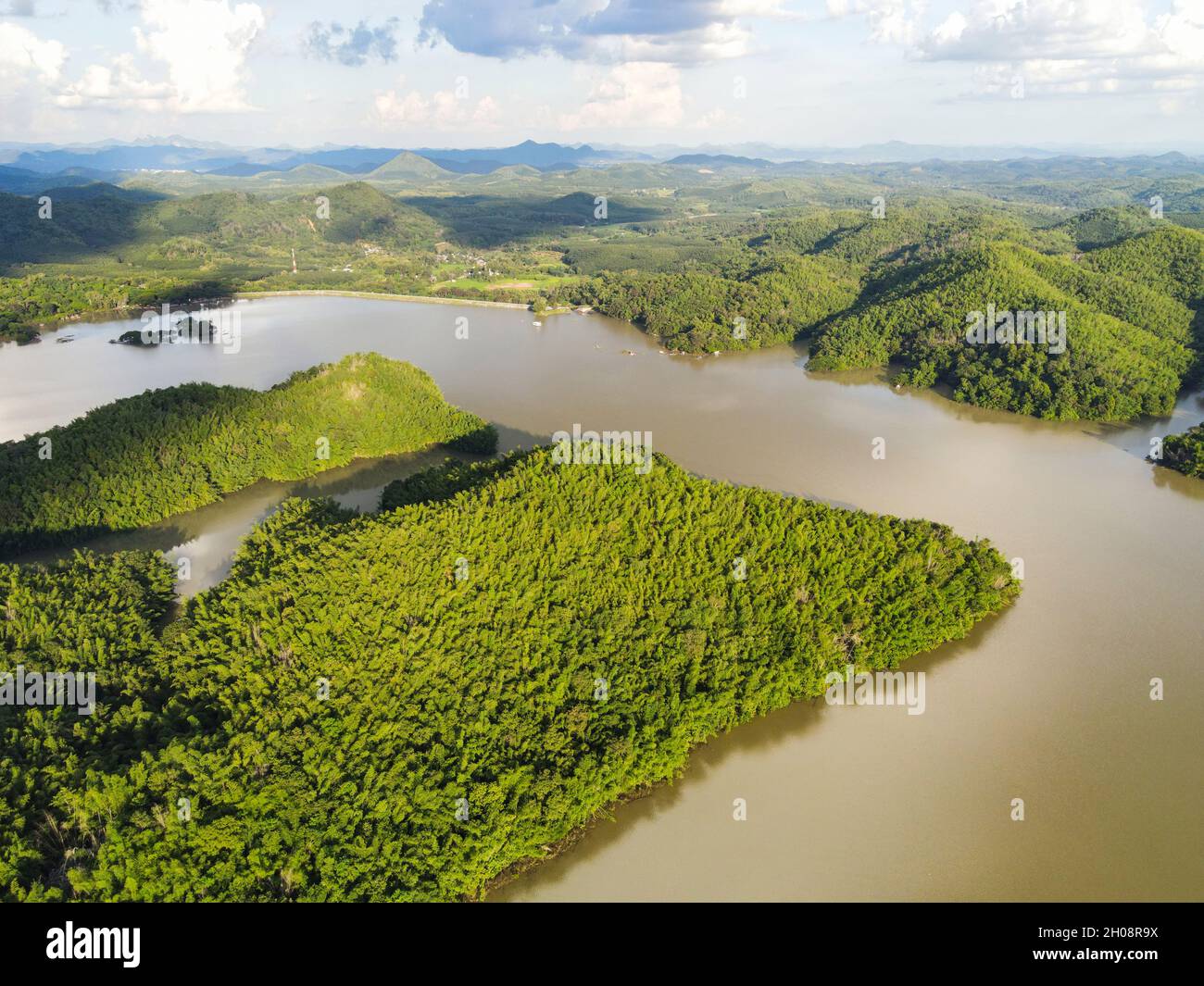 Reservoir, Aerial view river forest nature woodland area green tree ...