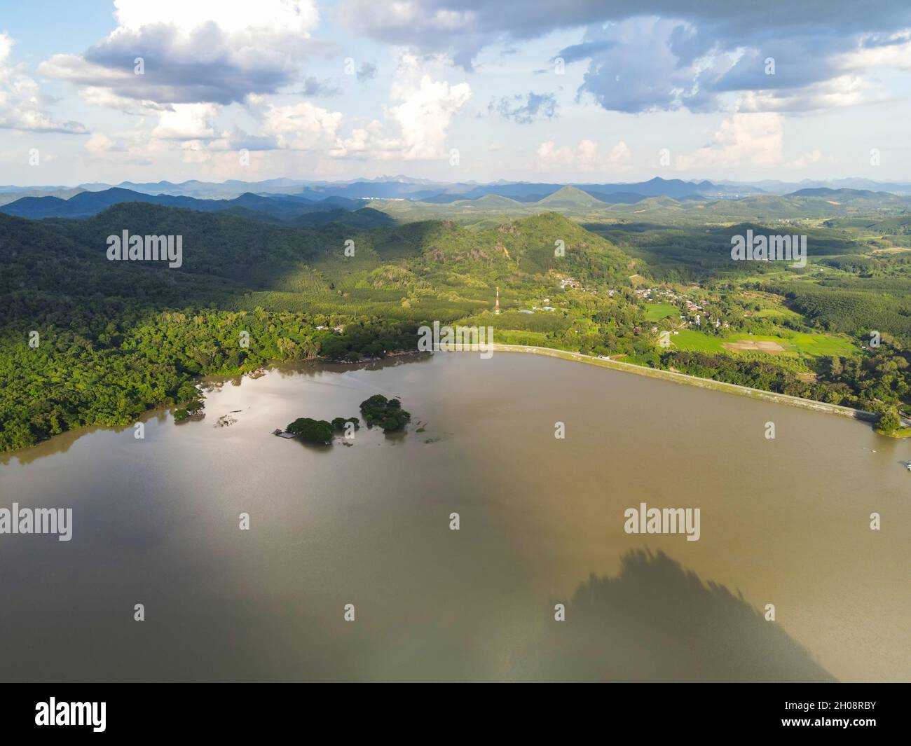 Reservoir, Aerial view river forest nature woodland area green tree ...