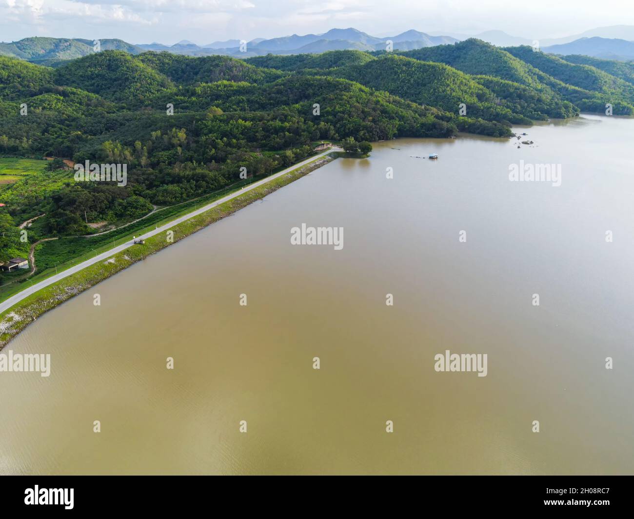 Reservoir, Aerial view river forest nature woodland area green tree ...