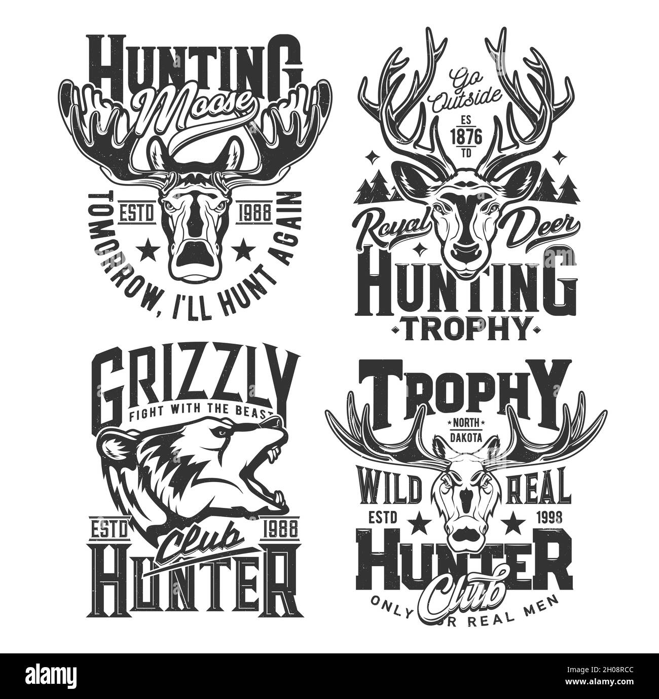 Hunting shirt prints, hunt club trophy animals, vector wild deer, elk ...