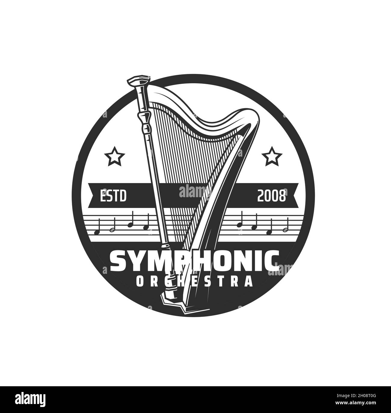 Symphonic orchestra icon, music concert and harp with notes, vector ...