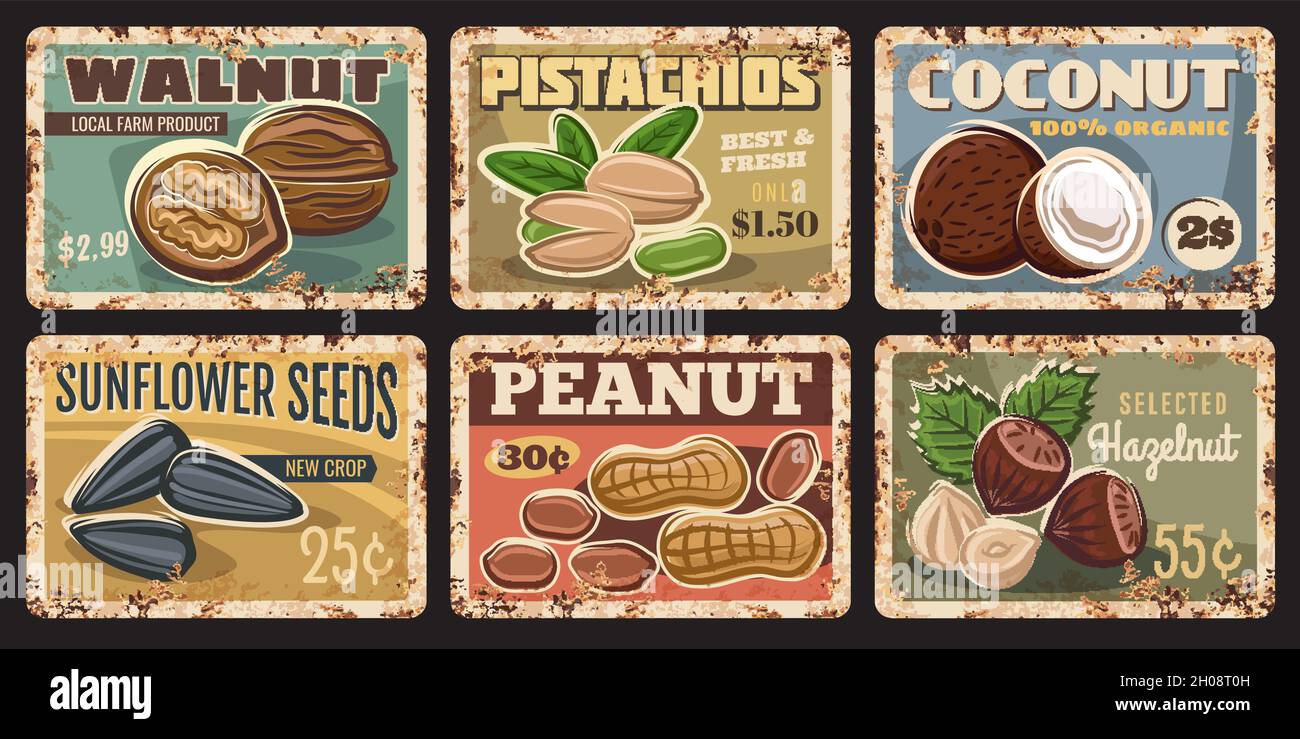 Nuts and seeds rusty plates. Walnut, pistachios and coconut, sunflower ...