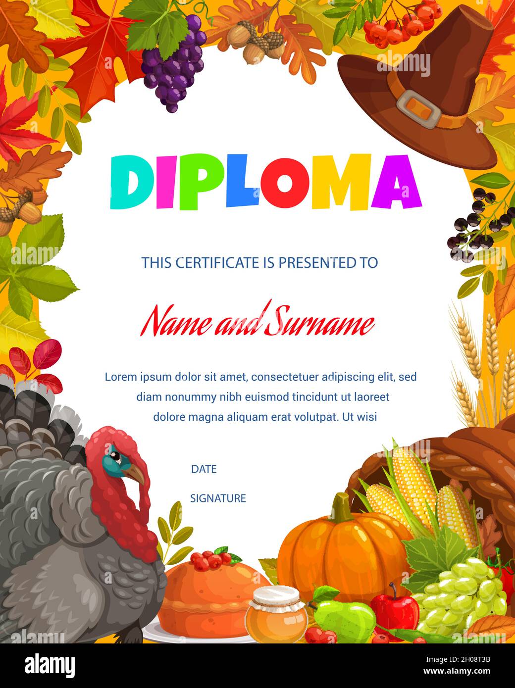 Kids diploma thanksgiving turkey, autumn harvest and cornucopia. Vector ...