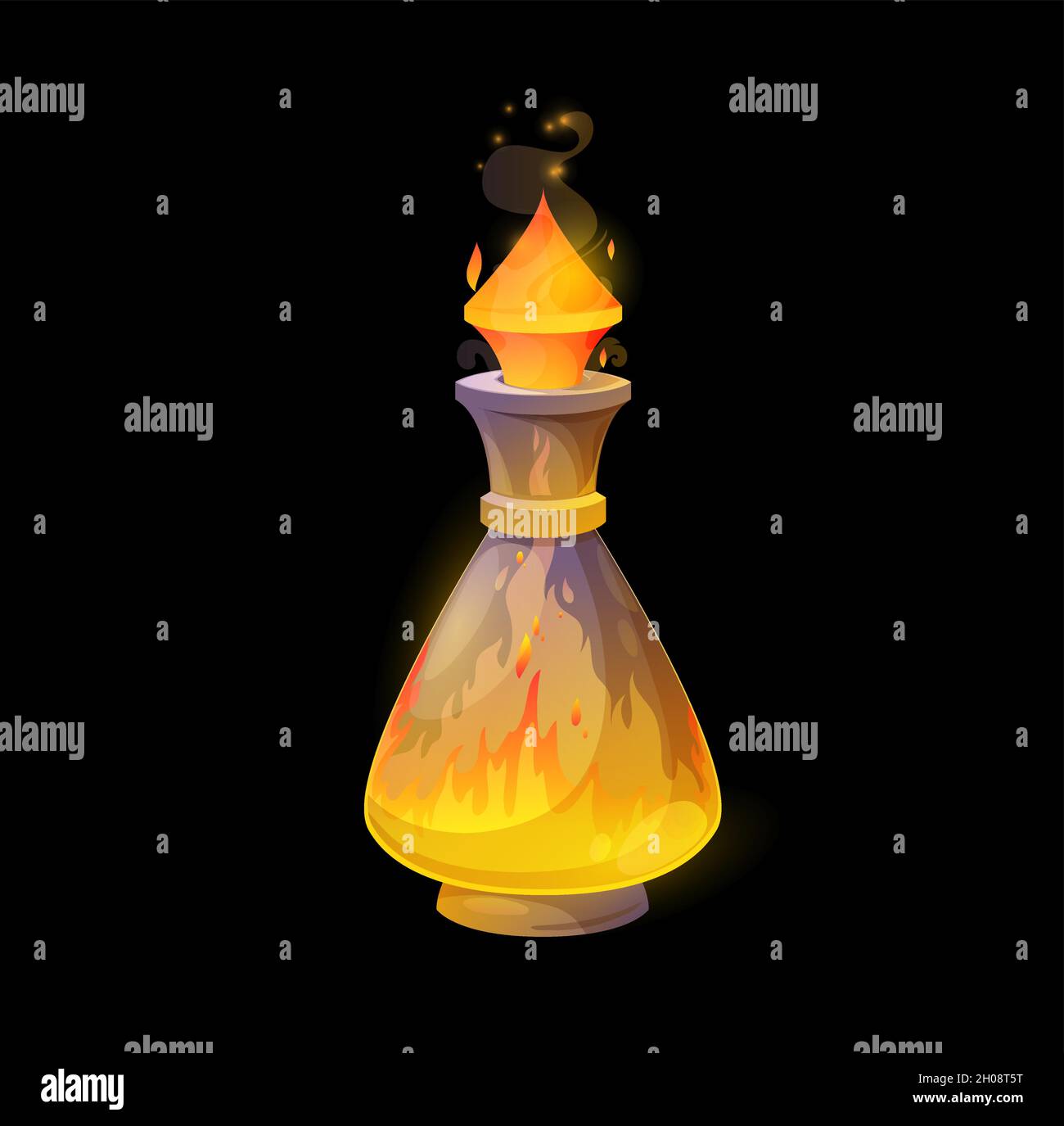 Glass potion bottle with fire, orange flames raging in flask. Vector ...