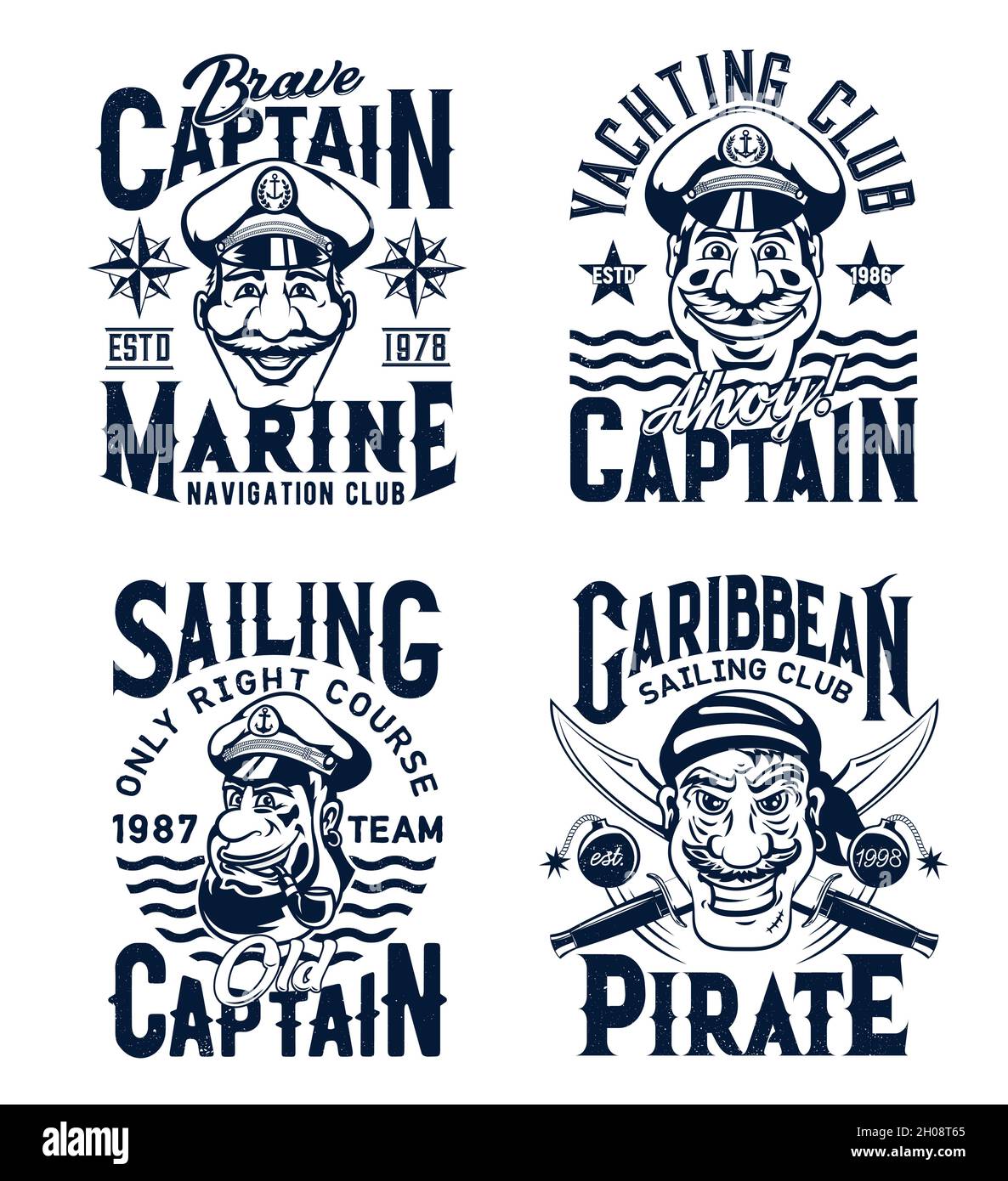 Captain and pirate t-shirt print template. Smiling captain or sailor ...