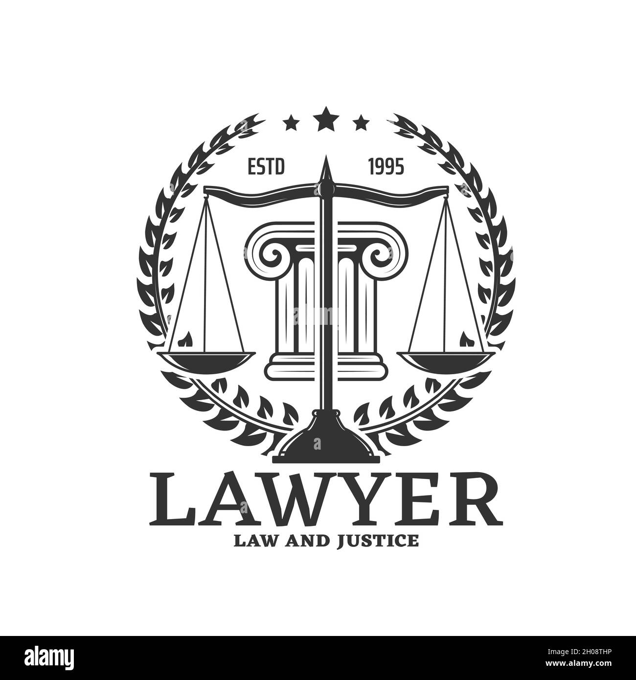 Lawyer icon with justice scales and legislation laurel wreath vector ...