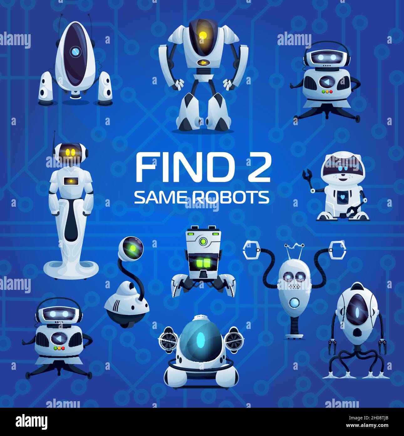 Robots and droids find two same game, cartoon kids vector riddle with ...