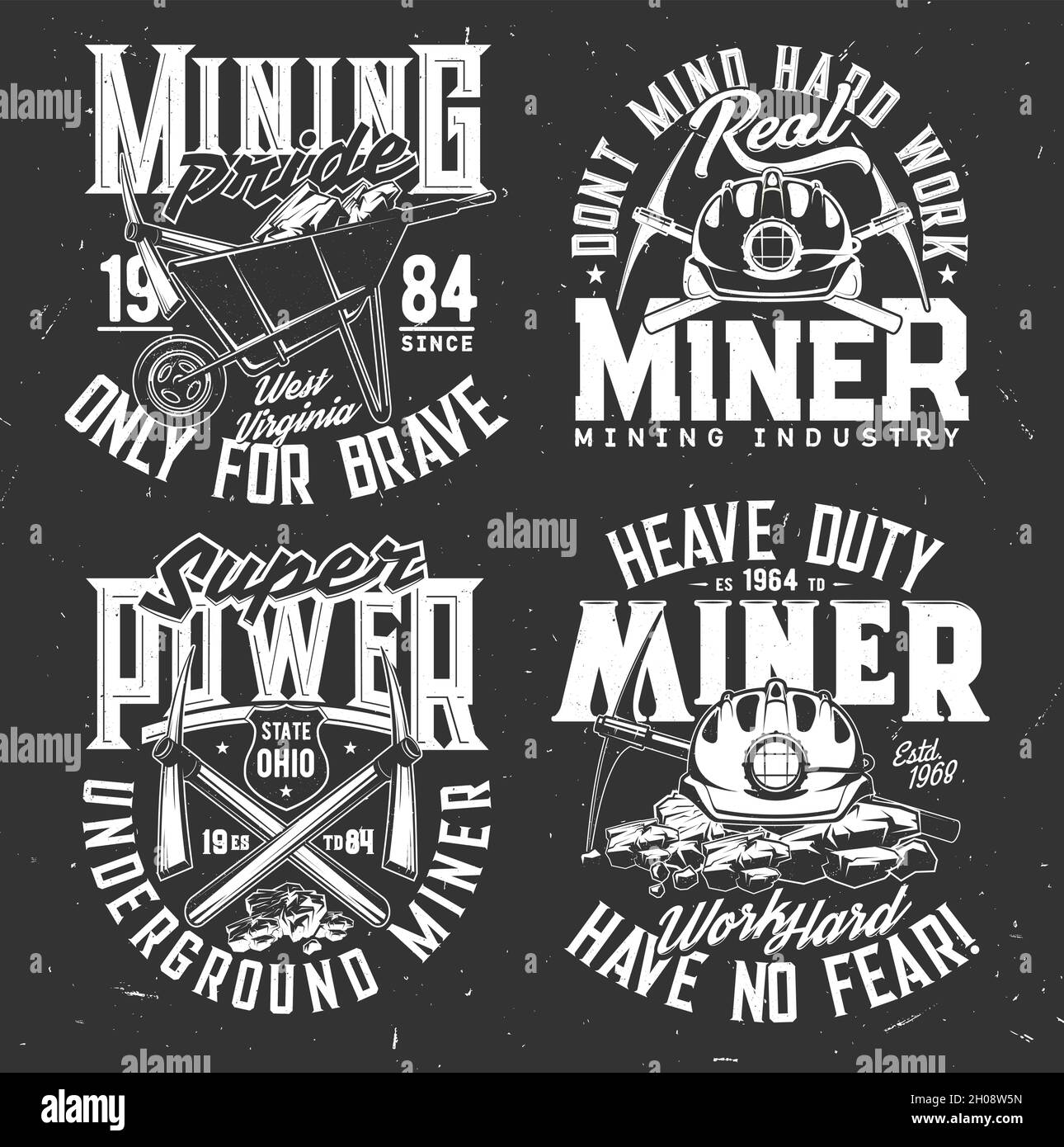 Tshirt print with miner equipment vector pickaxe, wheelbarrow with ore ...