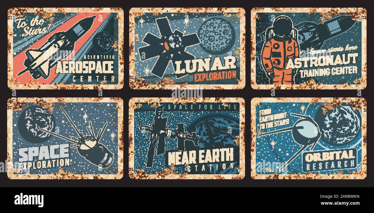 Astronaut, spaceship and satellites rusty plates. Outer space, orbital ...