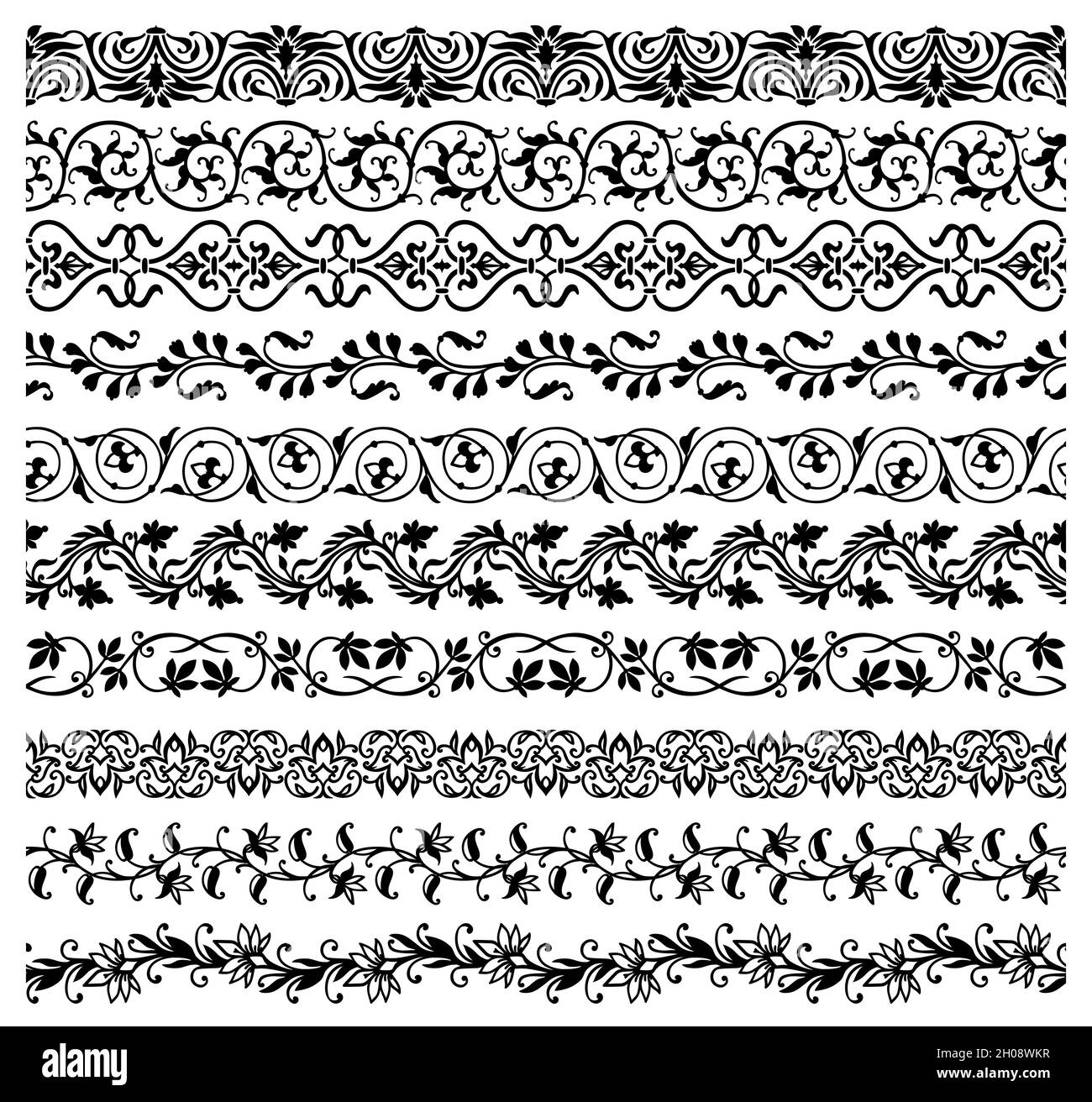 Floral borders, frame lines and dividers with flower and leaf vector ornaments. Flower garlands ...