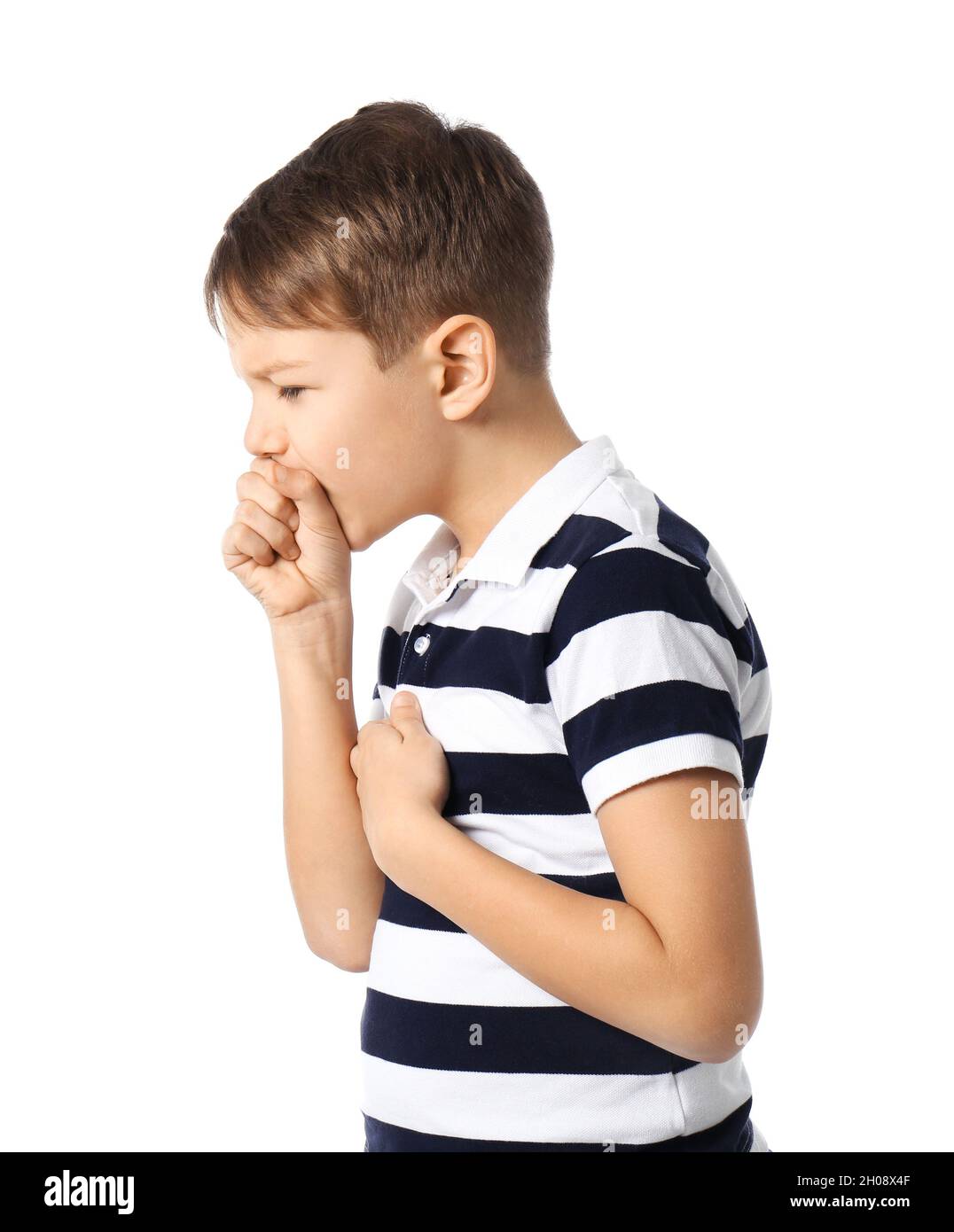 Little boy coughing on white background Stock Photo - Alamy