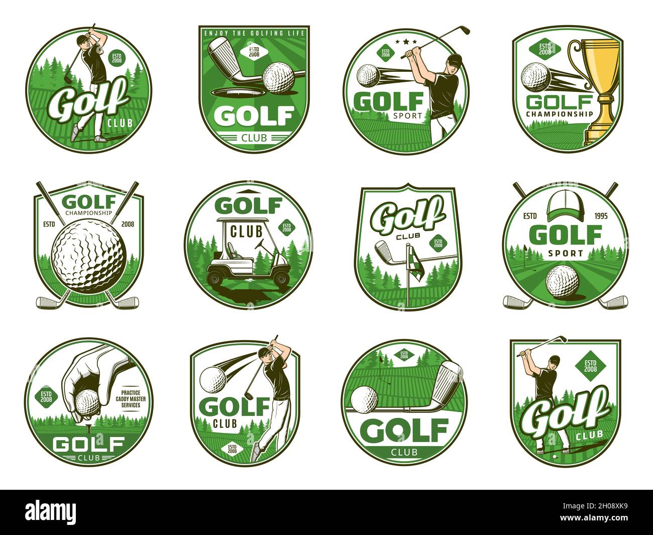 Golf sport vector icons of balls, clubs, tee and holes, golfer, flags ...
