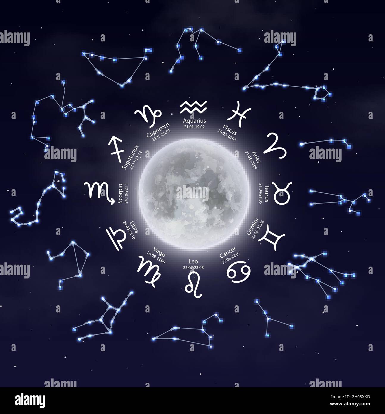 Zodiac horoscope signs, constellations and Moon. Vector astrology ...