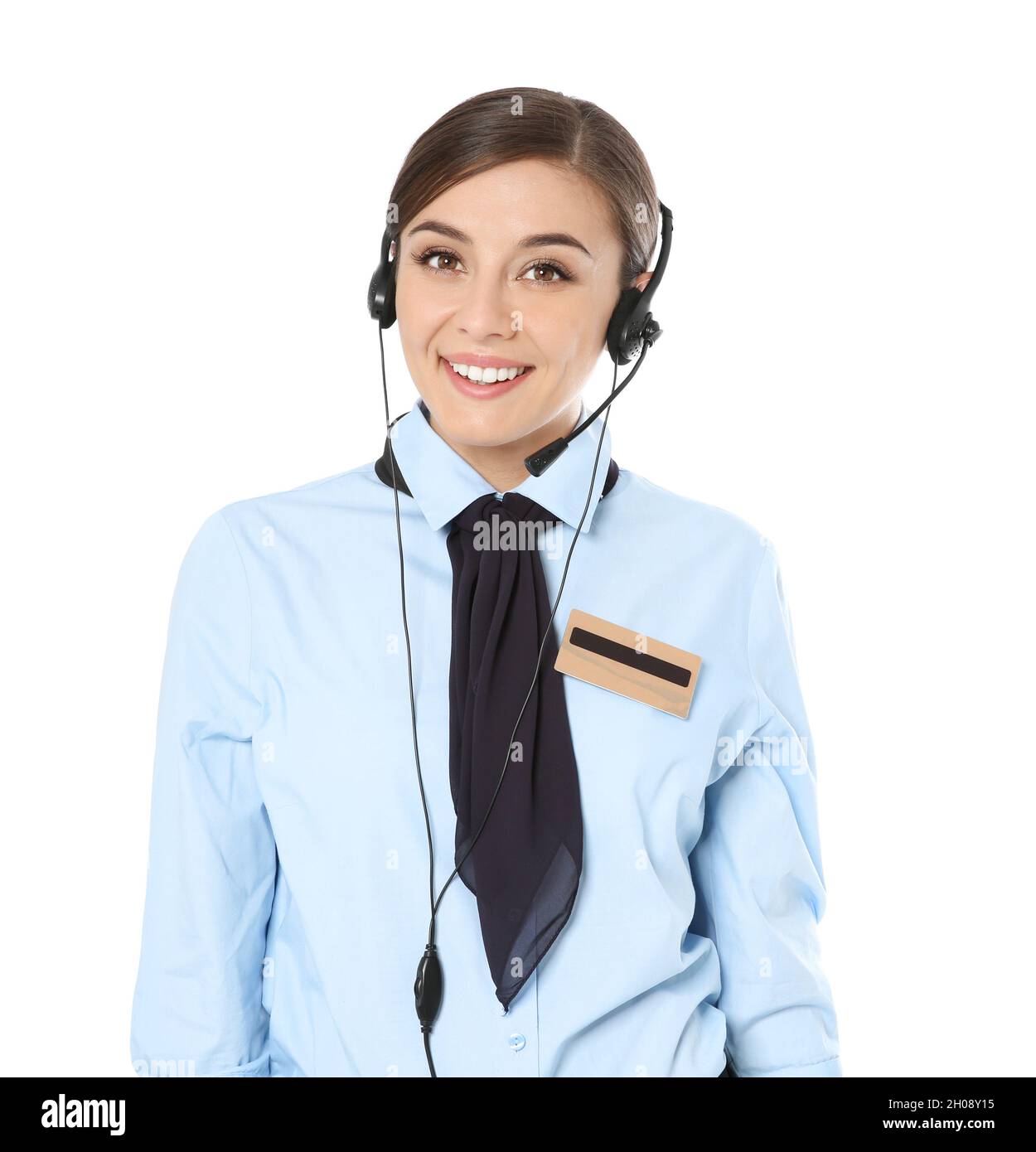 Female receptionist with headset on white background Stock Photo - Alamy