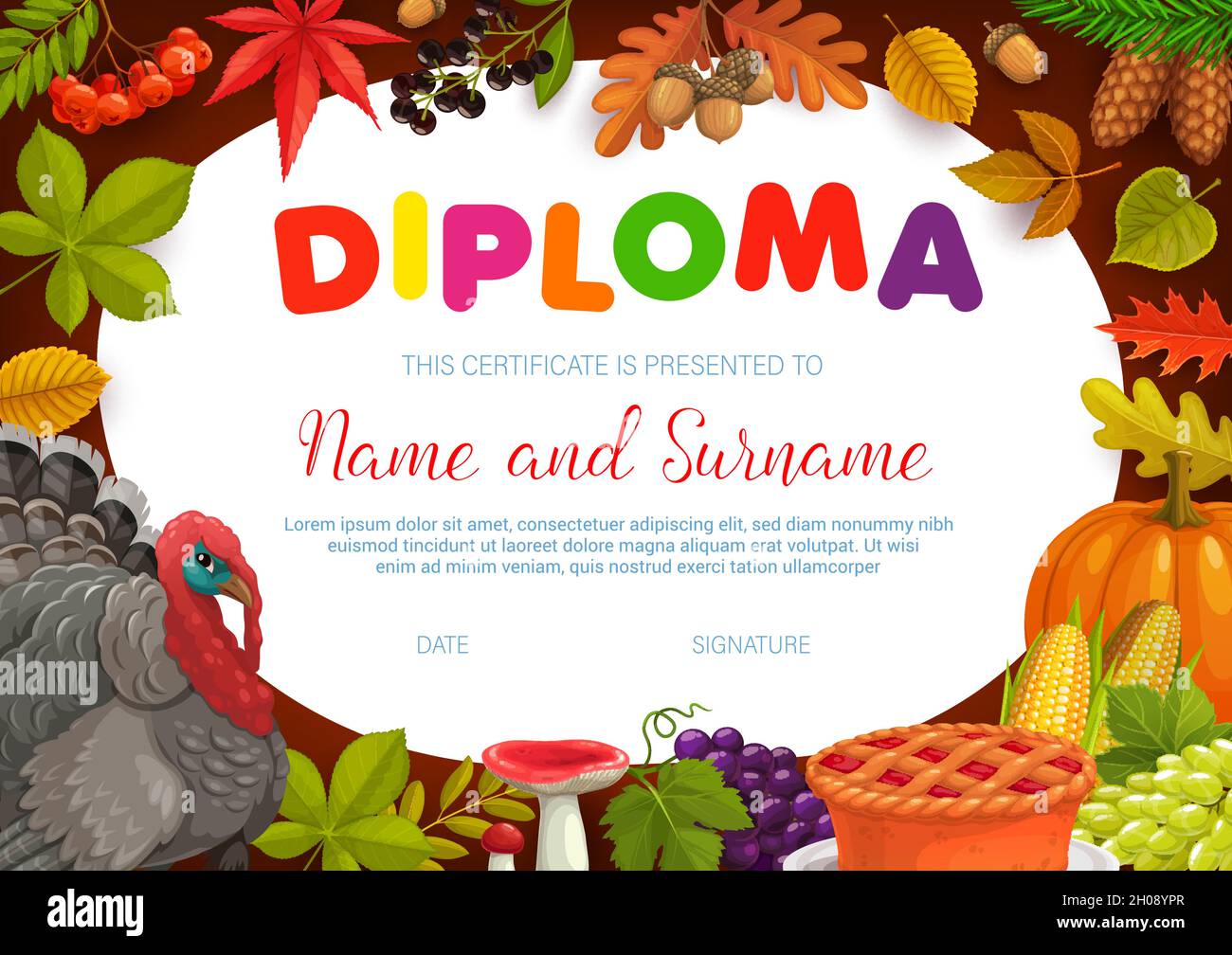 Kids diploma thanksgiving turkey, autumn harvest and leaves ...
