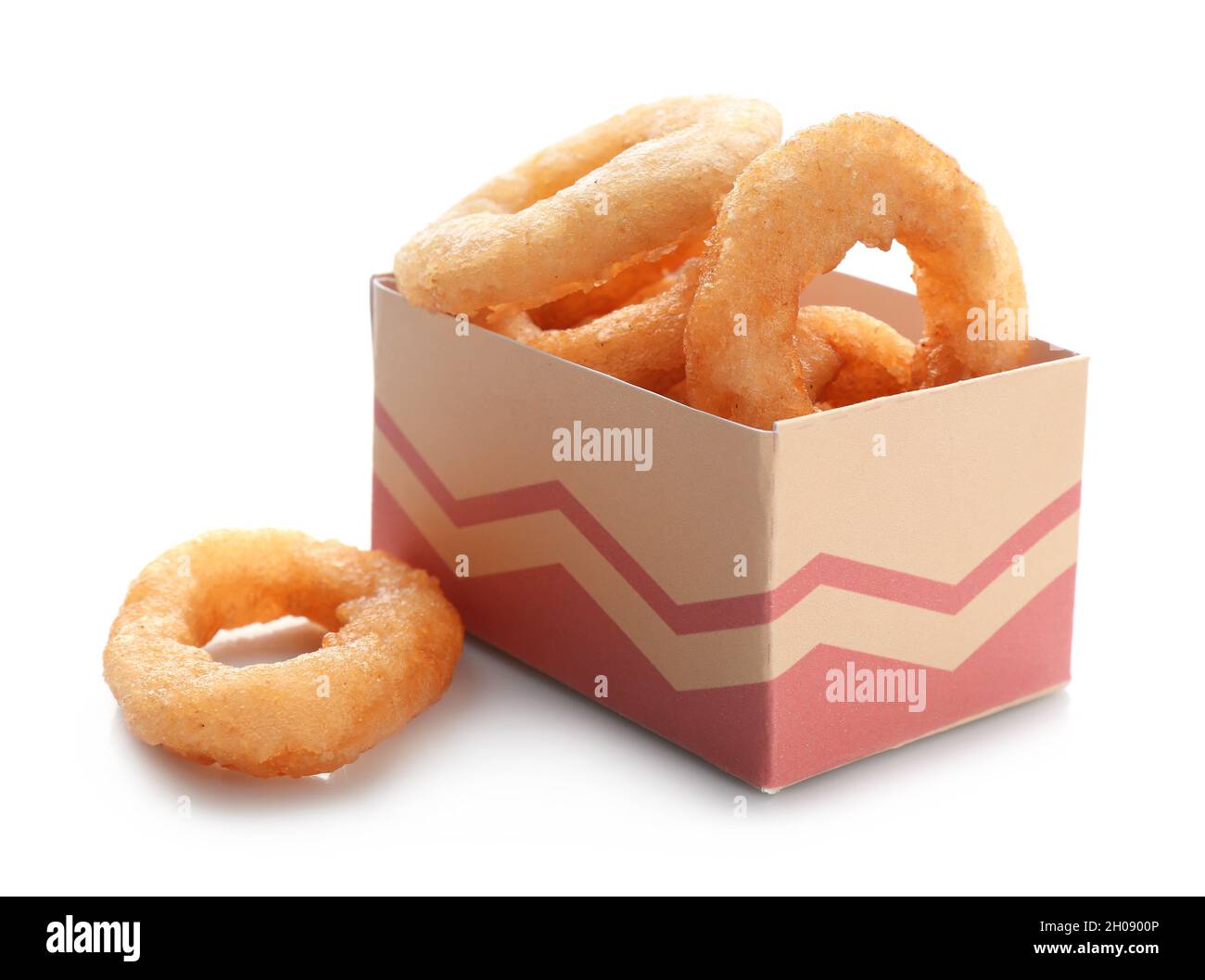 Box with fried onion rings on white background Stock Photo - Alamy