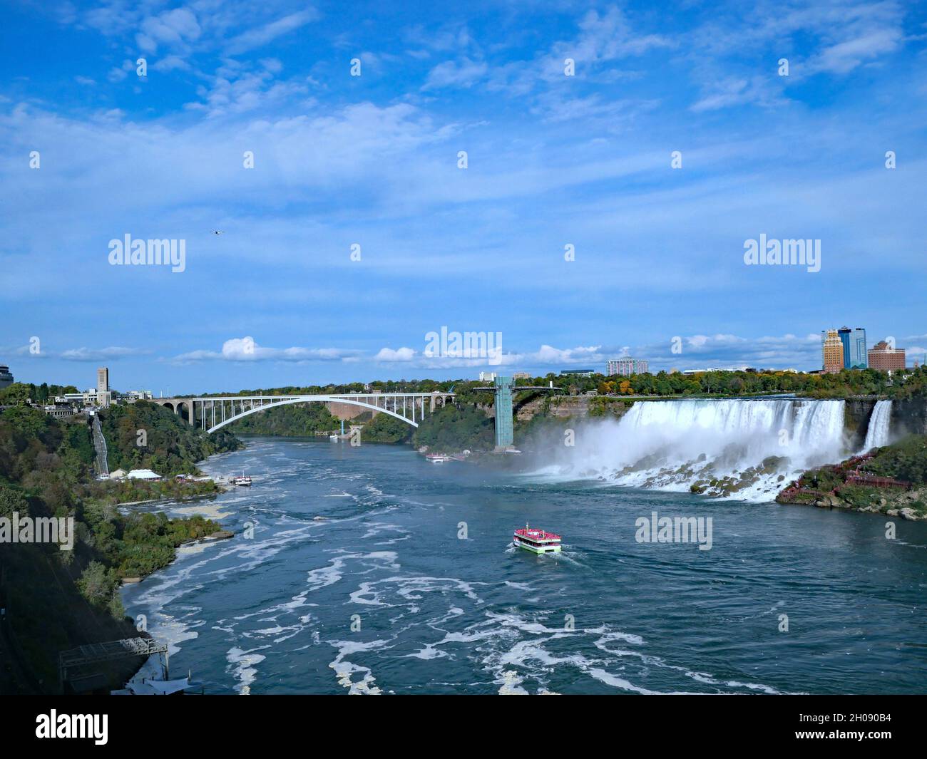 Wide angle view of the Niagara River, with American Falls and Rainbow ...