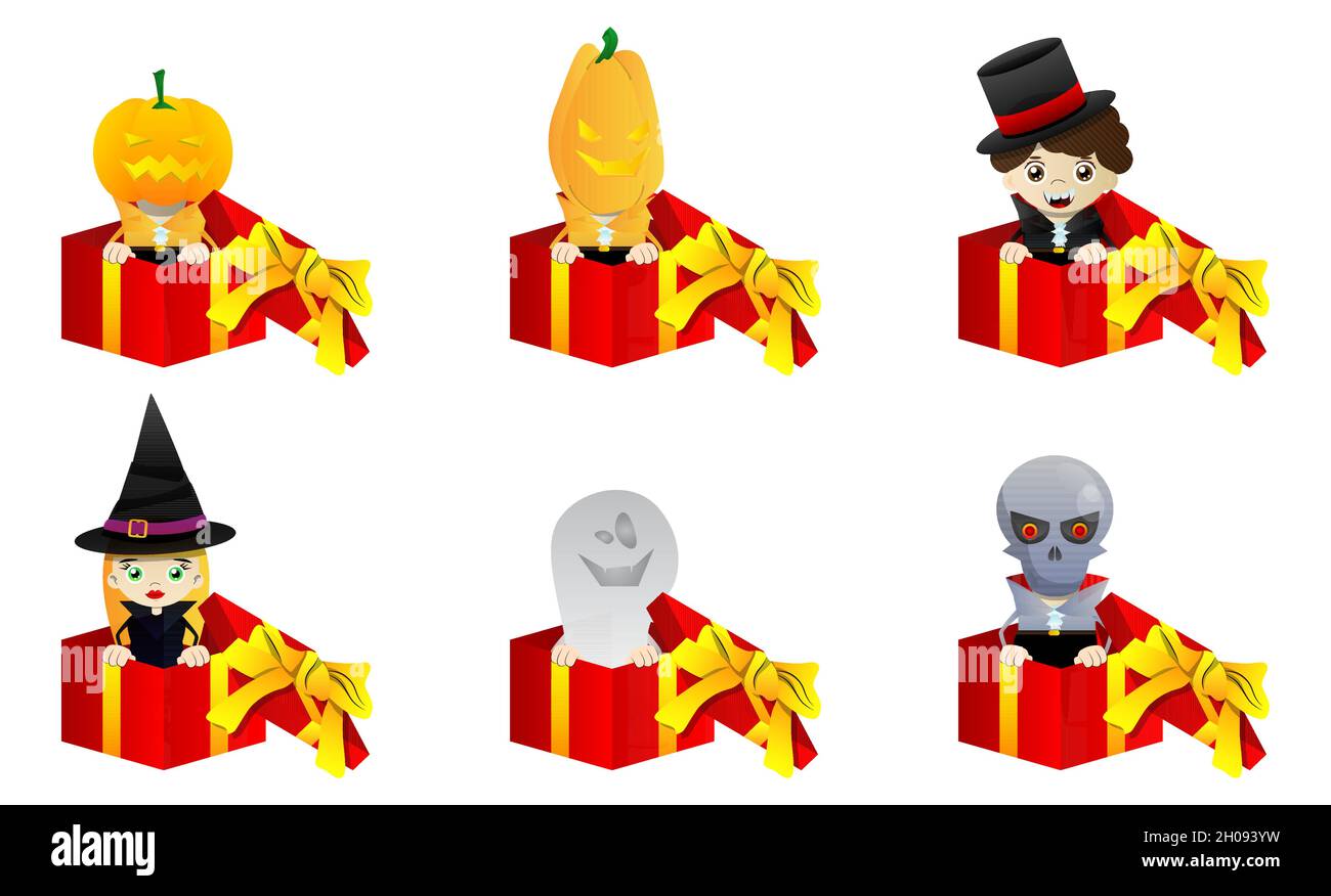 Kids dressed for Halloween in a gift box. Vector cartoon character ...