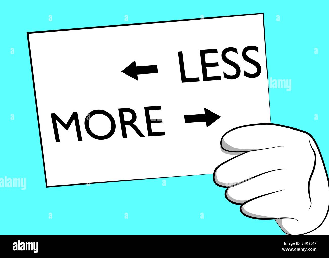 Cartoon Hand holding banner with More and Less text with arrow on white ...