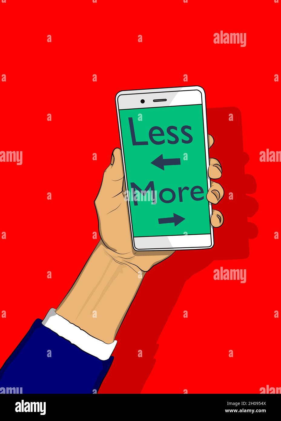 More and Less text with arrow on Smartphone screen. Cartoon vector ...