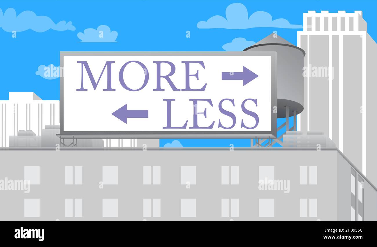 More and Less text with arrow on a billboard sign atop a brick building ...
