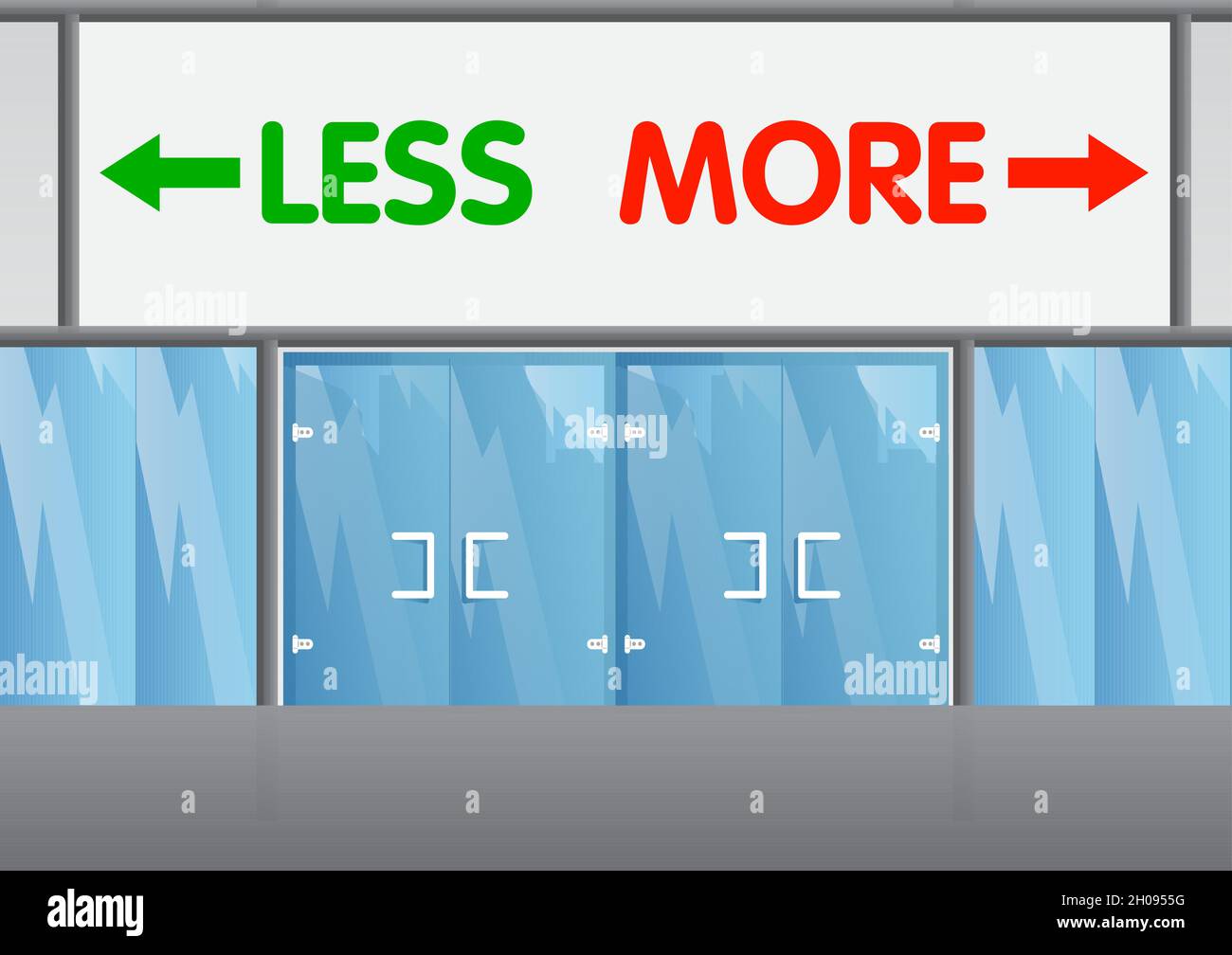 More and Less text with arrow with front door background. Bar, Cafe or ...