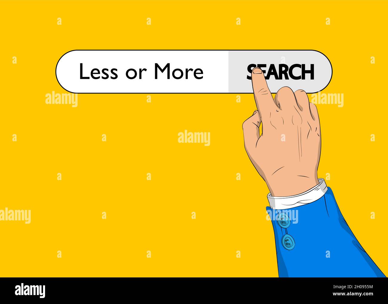 Virtual search bar with the Less or More text. Businessman pushing his ...