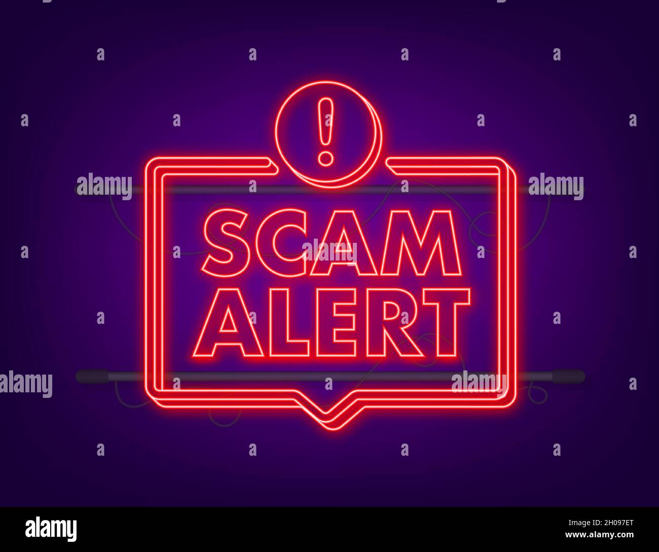 Banner with red scam alert. Attention sign. Neon icon. Caution warning ...
