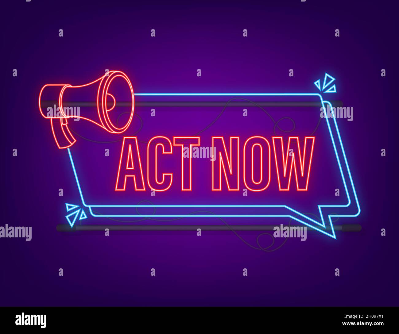 Megaphone label with act now. Neon icon. Megaphone banner. Web design ...