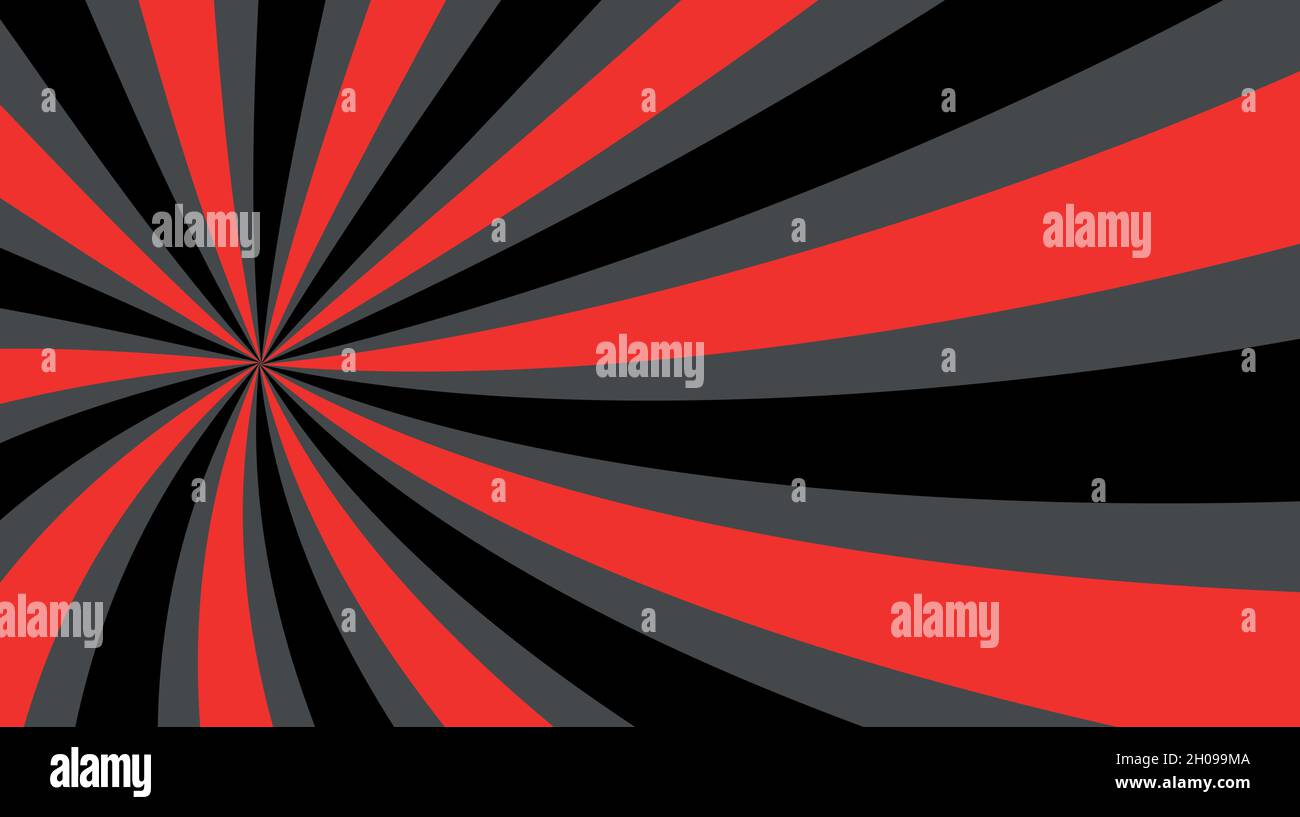 Sunburst background with black, red and gray rays. Curved spiral ...