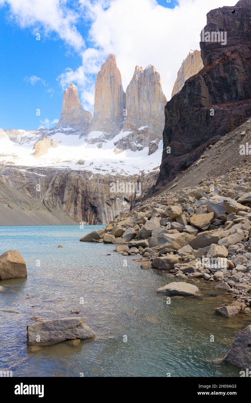 Torres del Paine peaks view, Chile. Base Las Torres viewpoint. Chilean ...