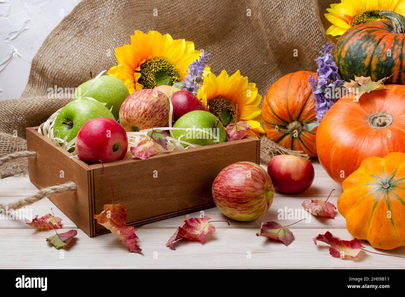 Rustic fall background with wooden box, pumpkin, autumn leaves, red ...