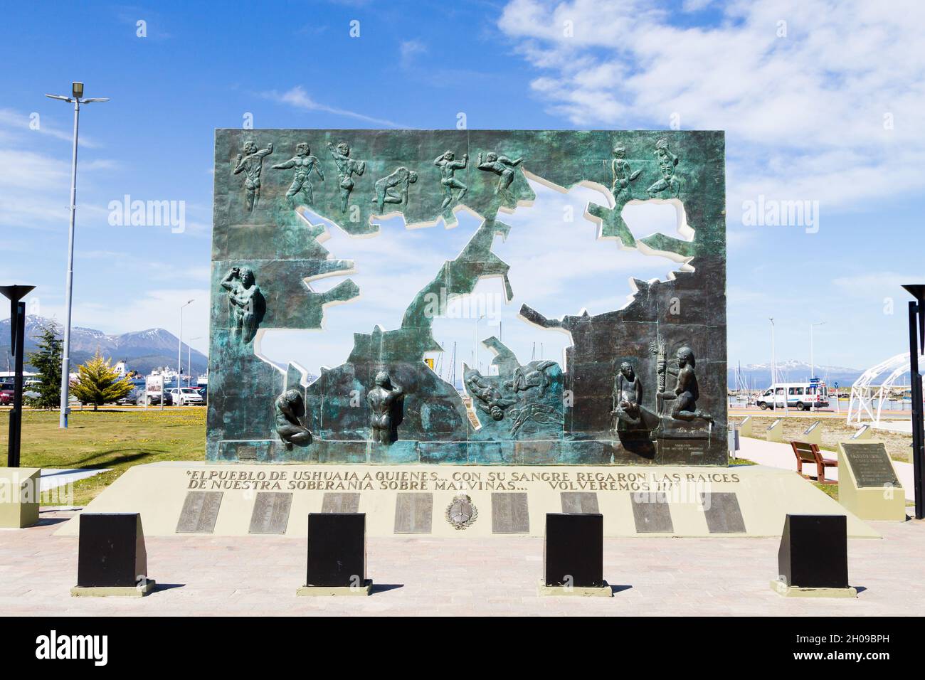 Ushuaia landmark. City monument on a summer day. Southernmost city in ...