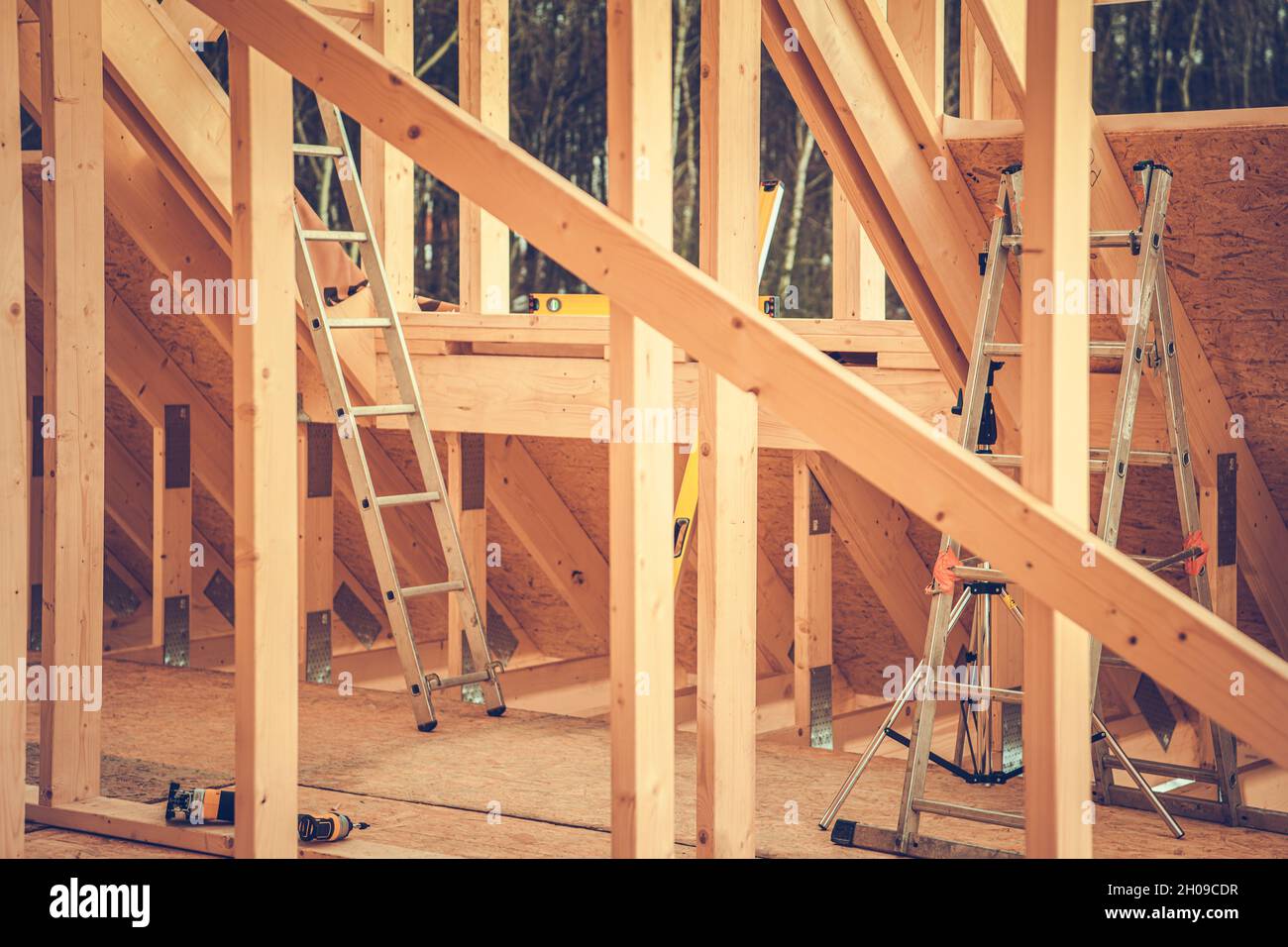 Newly Developed House Wooden Skeleton Frame Assembly. Construction ...