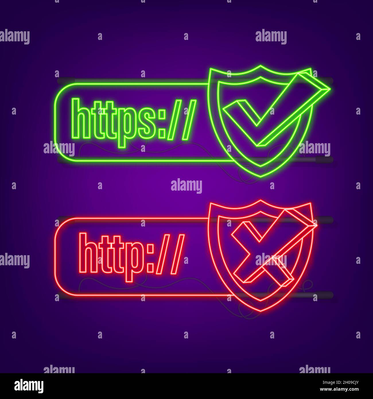 Neon style http and https protocols on shield, on dark background ...