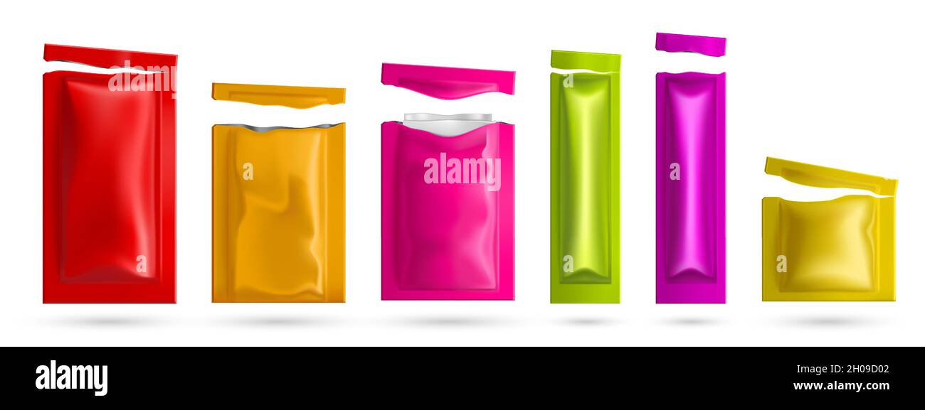 Colored sachets with wet wipes. Vector realistic mockup of 3d blank ...