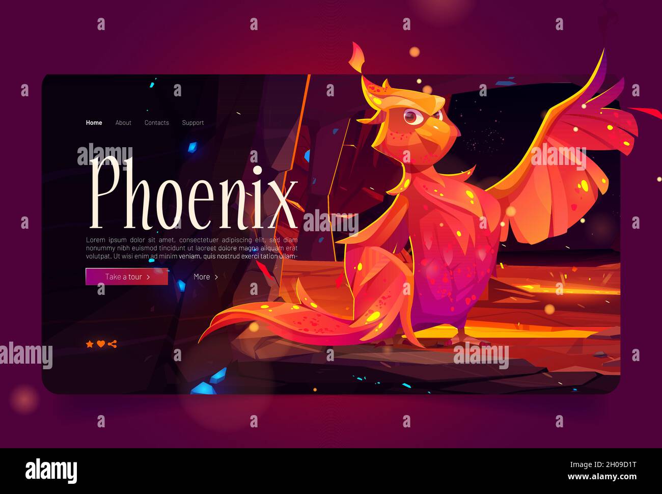 Phoenix banner with fenix in mountain cave with hot lava. Vector ...