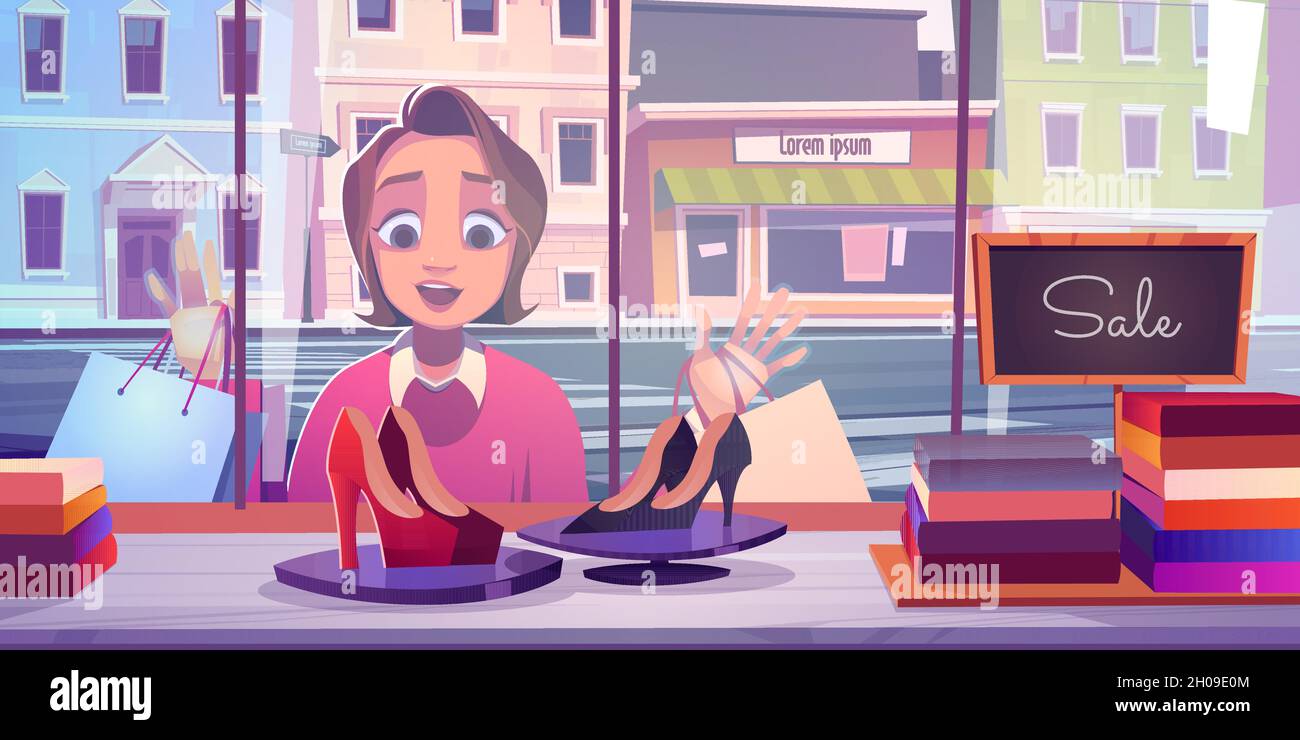 Woman at store window, excited young lady stand with open mouth at shop ...