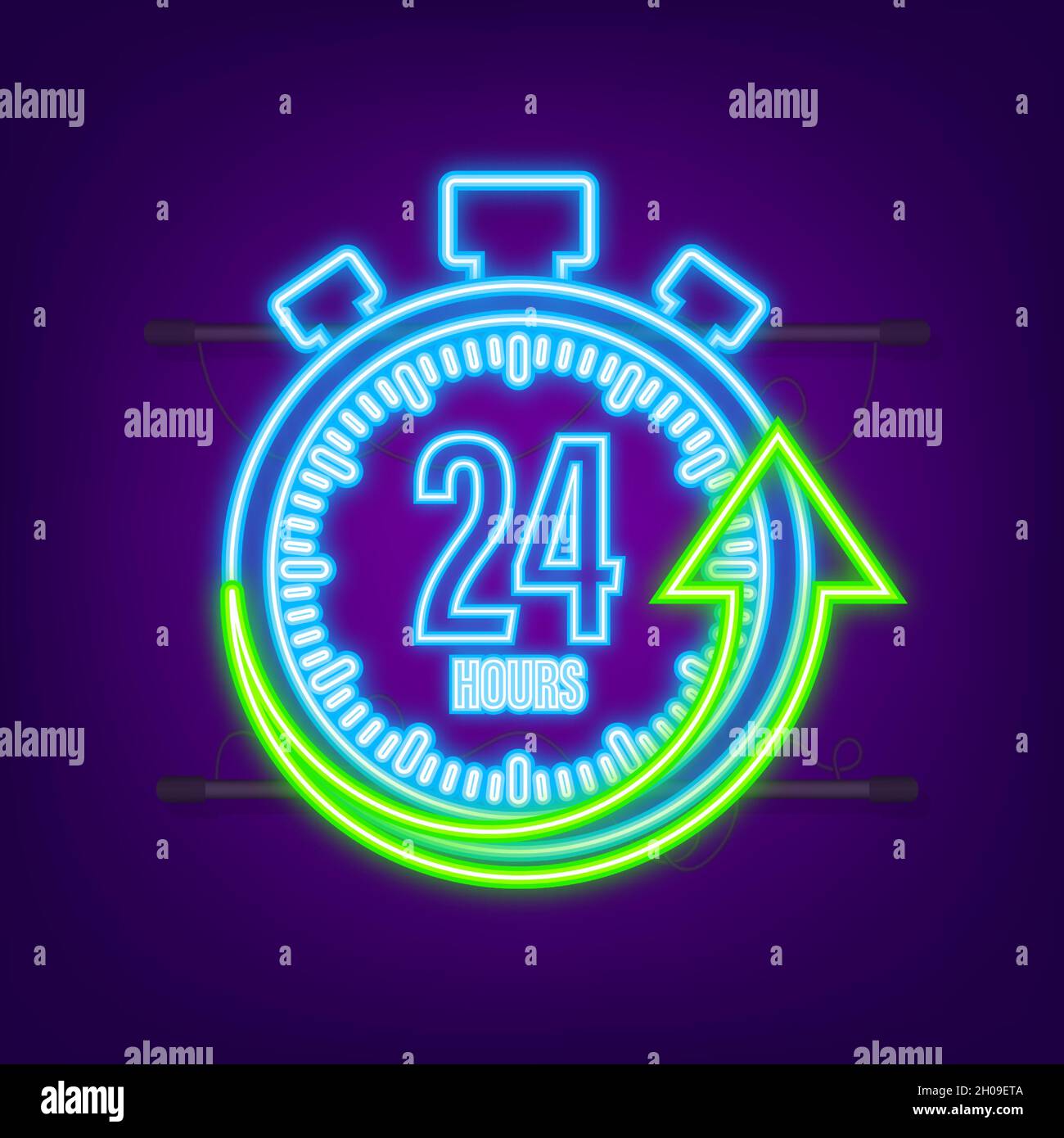 24 hours clock arrow. Neon icon. Work time effect or delivery service ...