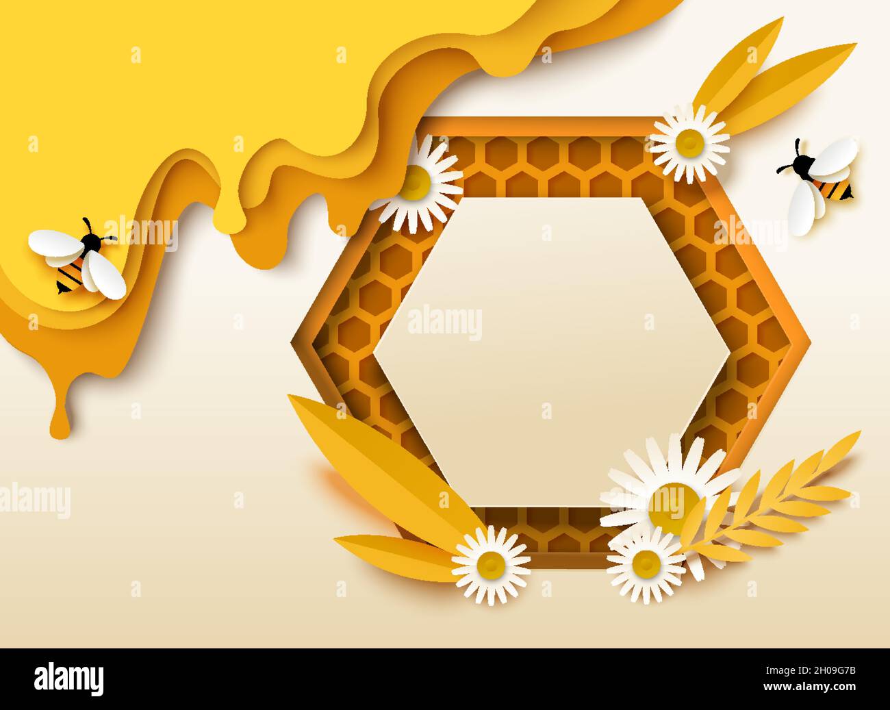 Honeycomb frame, cute bees, honey drip, vector paper cut illustration ...