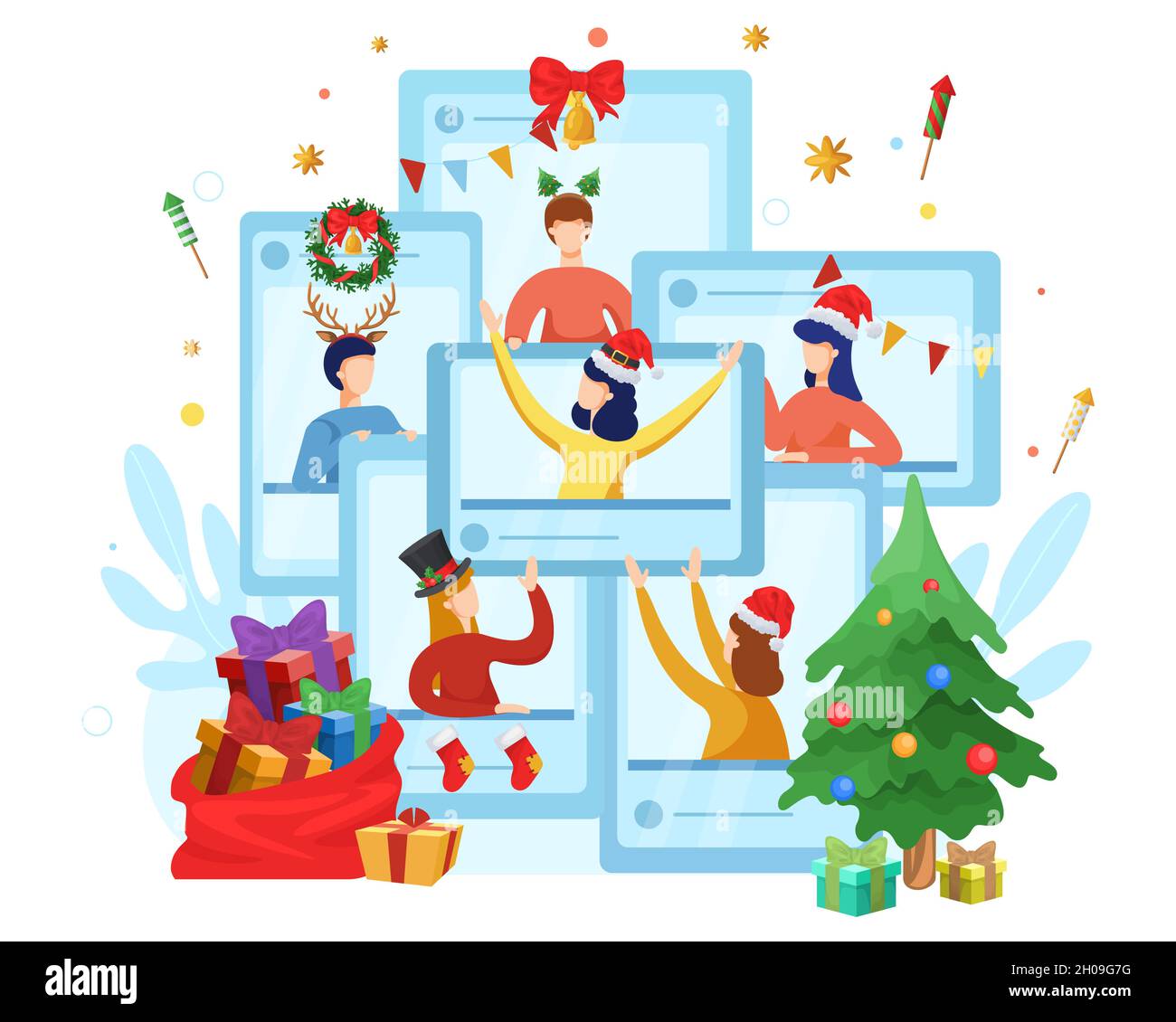 Group of people celebrating Christmas online, vector illustration ...