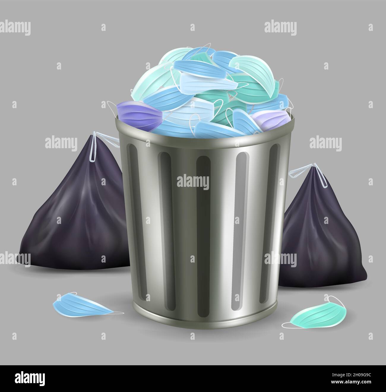 Used disposable face masks in plastic trash bags, rubbish bin and ...