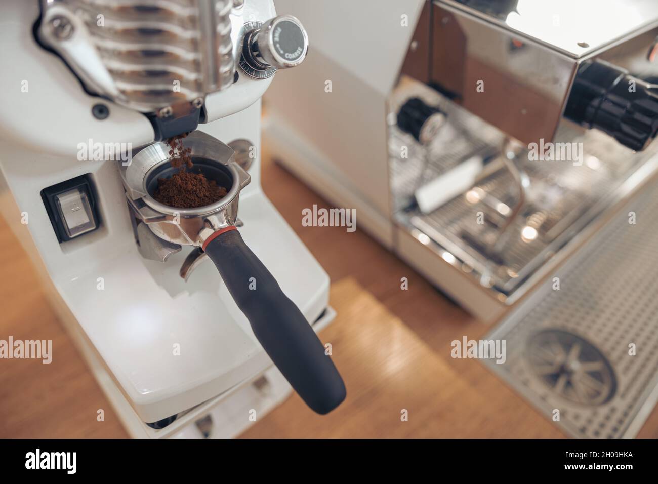 Professional automatic coffee machine with portafilter in cafeteria ...