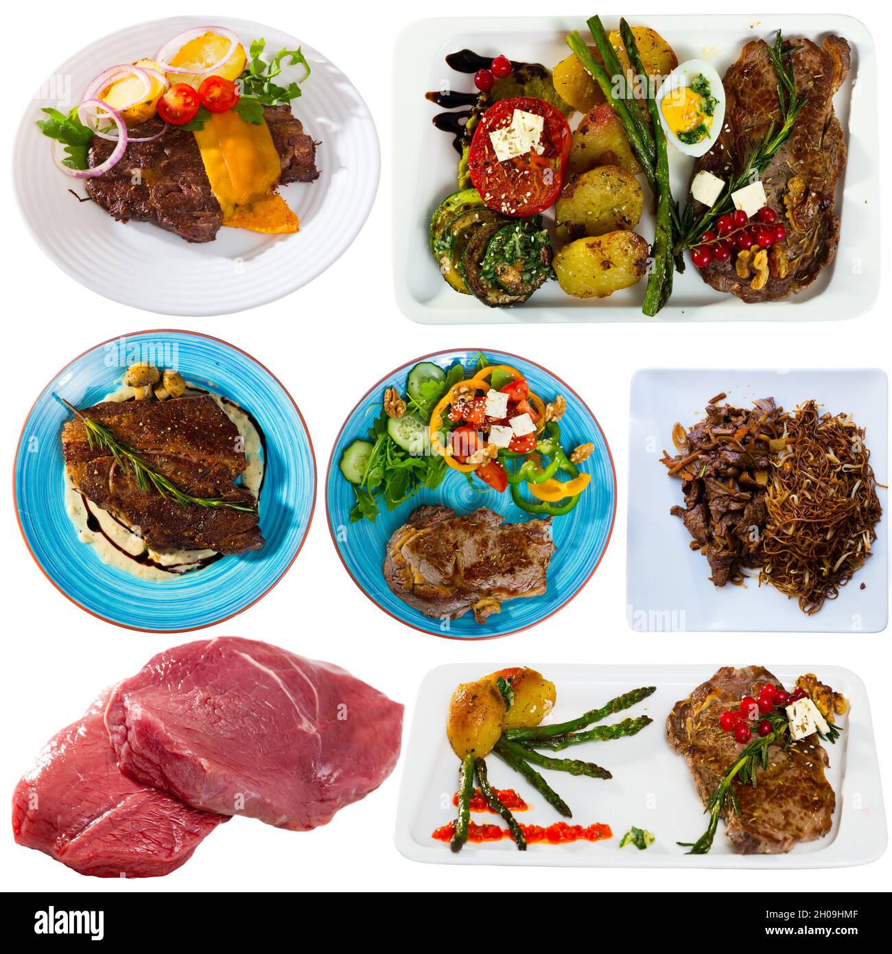 Plates of tasty beef steaks and chops Stock Photo - Alamy