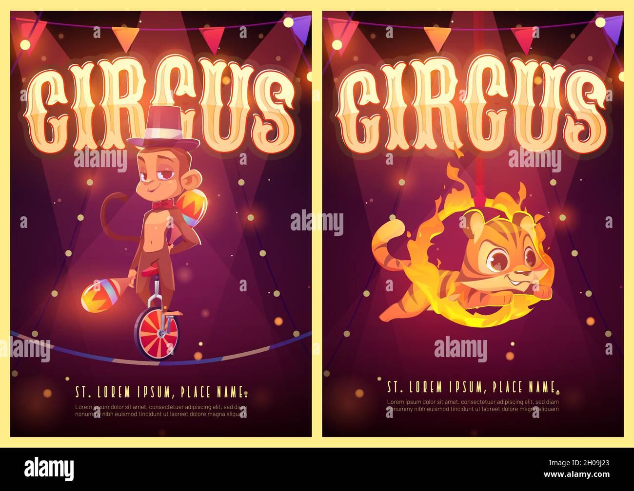 Circus show cartoon posters with animals artists on big top arena ...
