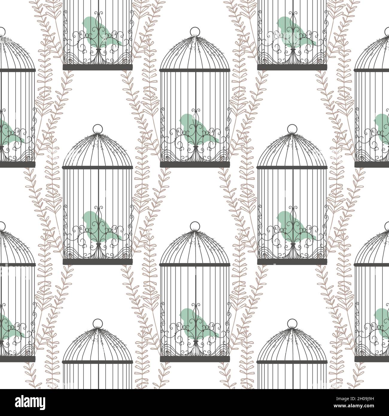 Stylish pattern with birds and cages in Victorian style. Birds of ...